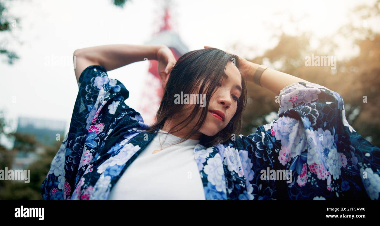 Contemporary dance, music and woman outdoor with rhythm for self ...