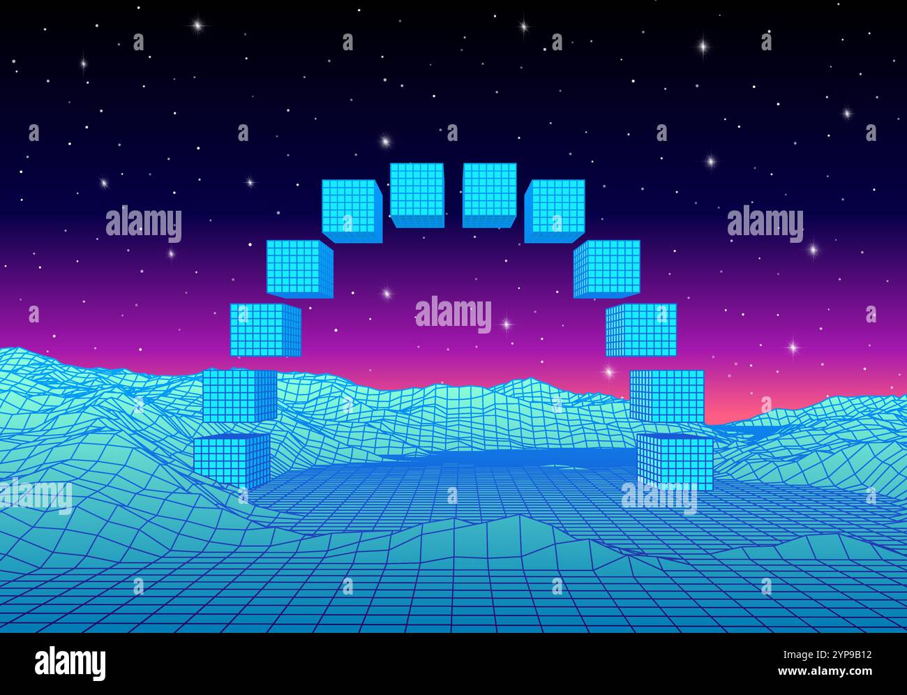 Synthwave landscape with arc gates in 80s retro style. Blue terrain ...
