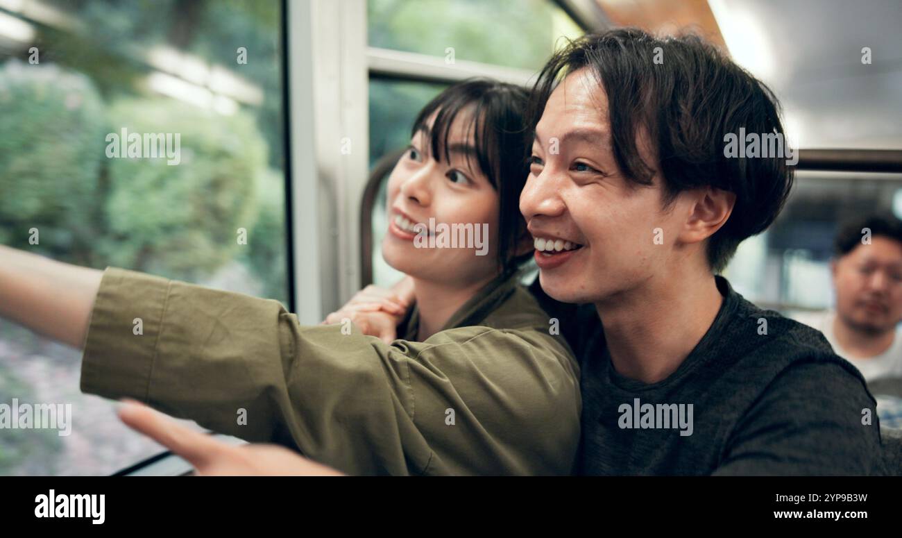Vacation, couple and travel in cable car for tourism, holiday and ...