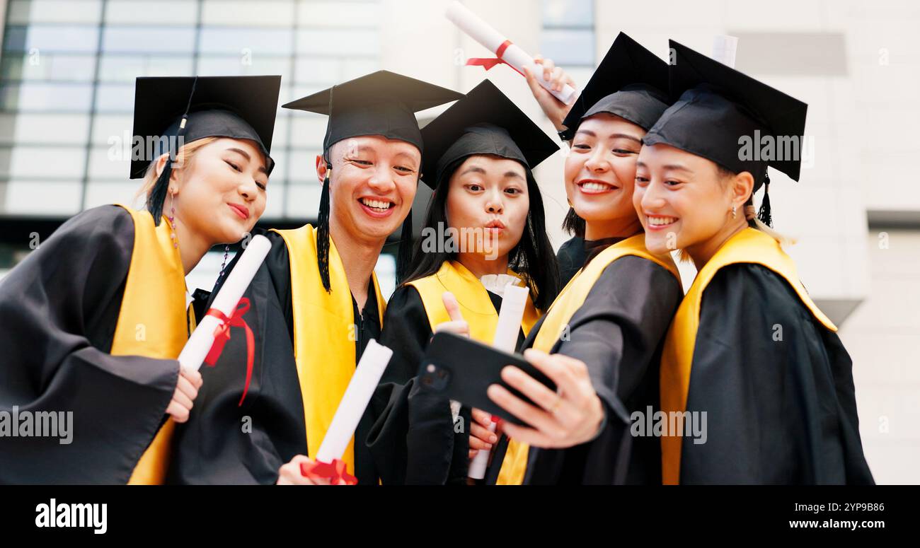 Friends, college student and happy on graduation with selfie for social ...
