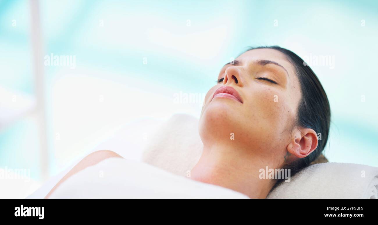 Massage, relax and sleeping with woman at spa, on bed or table for ...