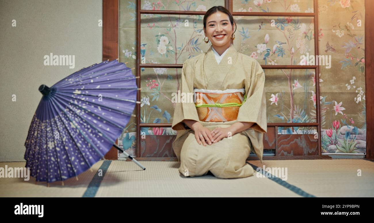 Kimono, portrait and umbrella with Japanese woman on floor of Okiya for ...