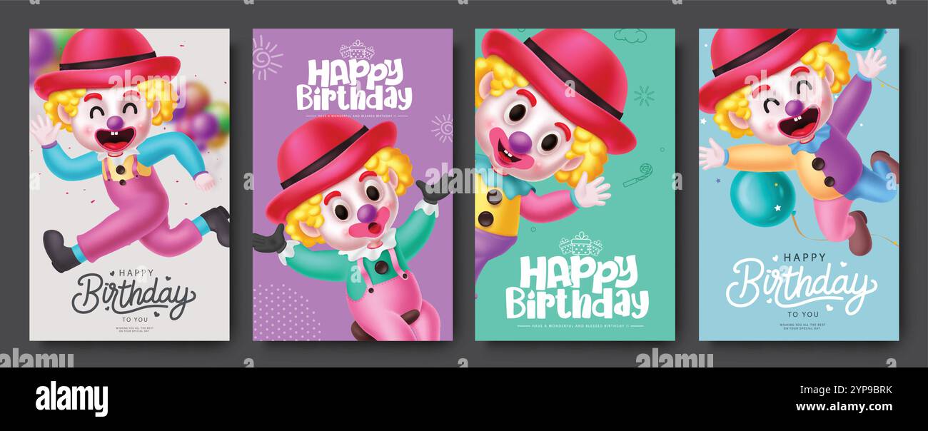 Happy birthday greeting clipart poster set. Birthday clown greetings ...