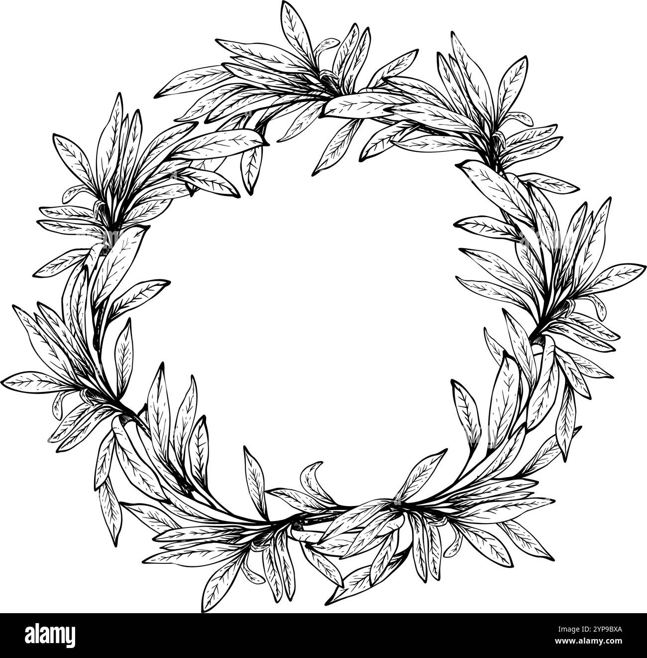 Olive tree branch, no fruit with leaves wreath Black and white hand ...