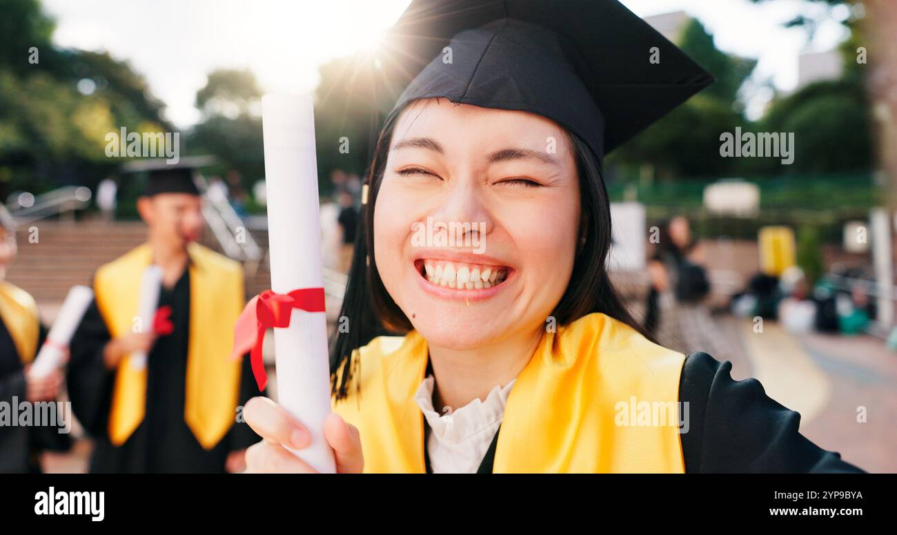 Graduation, student and selfie with diploma outdoor for celebration ...