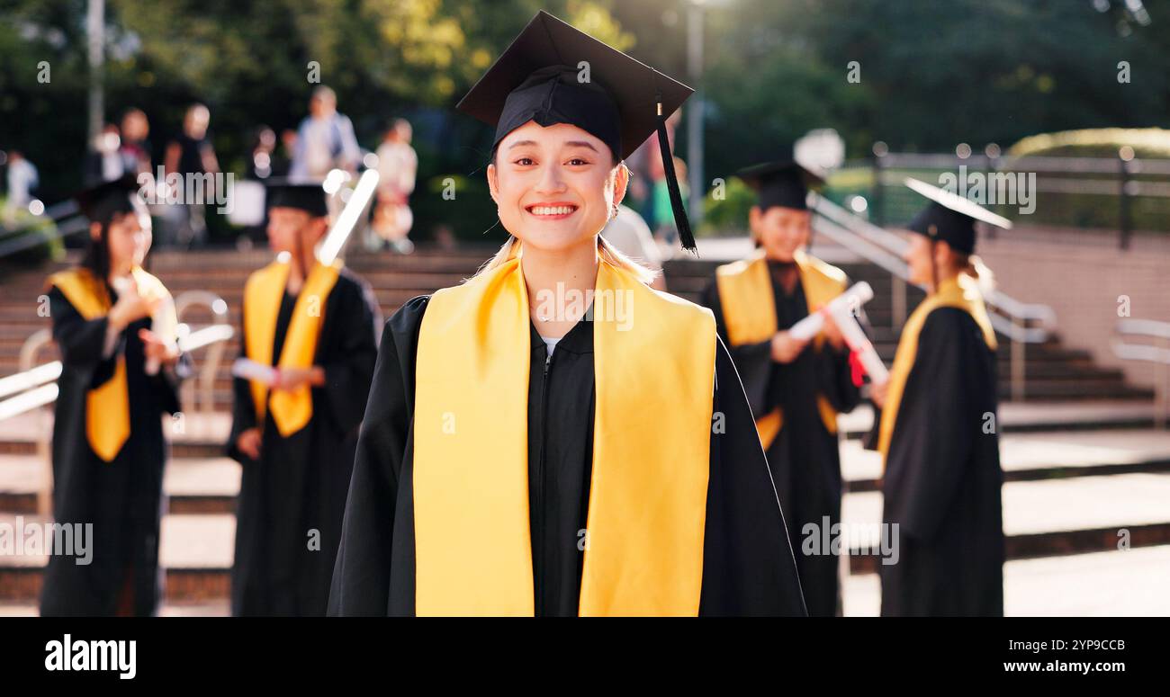 Woman, university student and happy on portrait for graduation ...