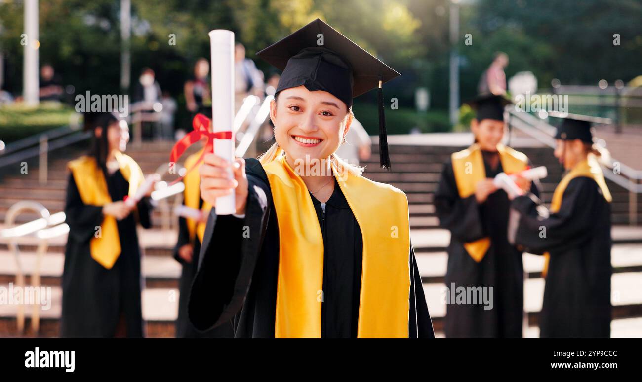 Graduation, student and portrait with diploma outdoor for celebration ...