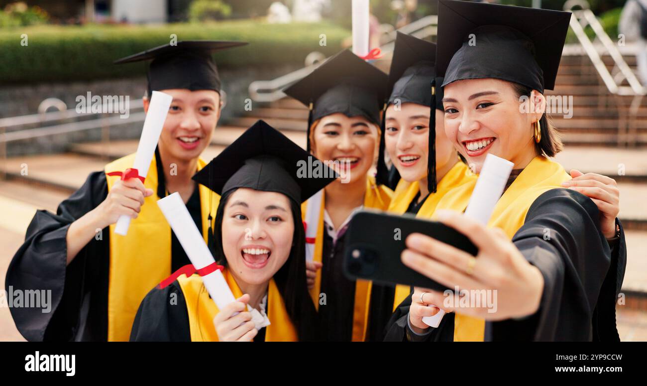 People, university student and smile on graduation with selfie for ...