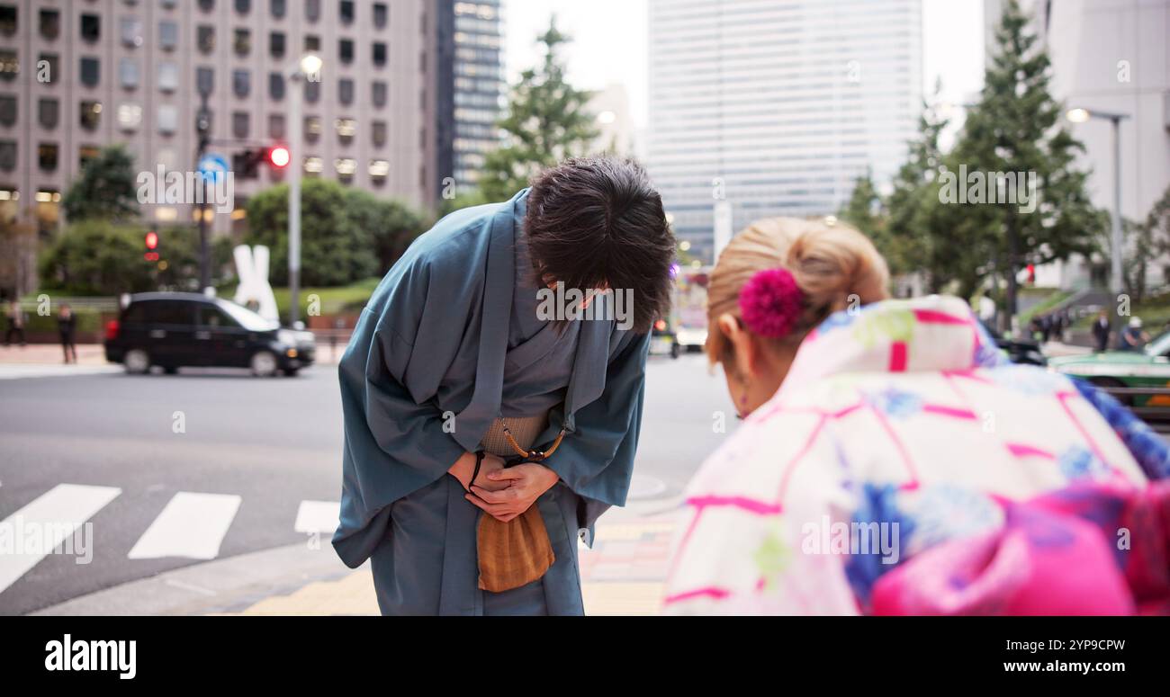 Bow, respect and man in city for welcome, greeting and tradition with ...