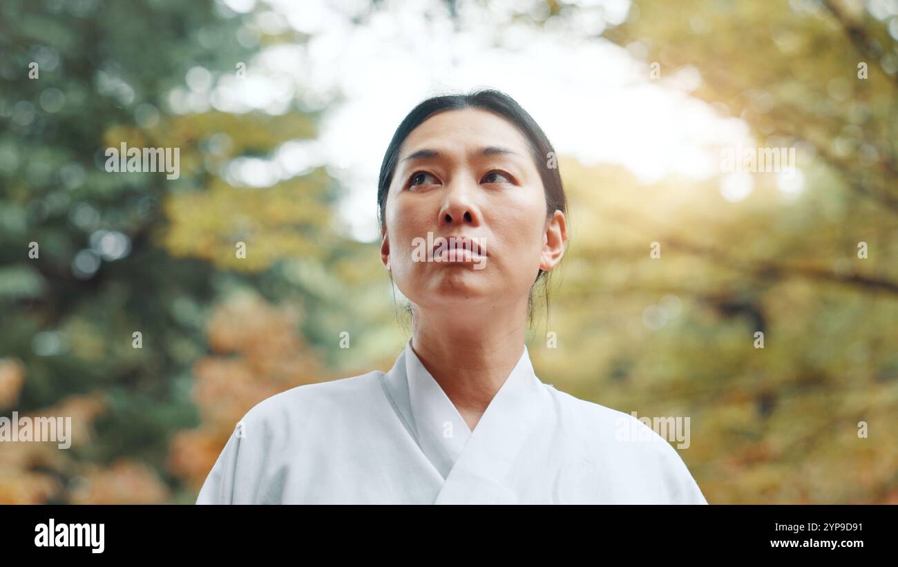 Woman, thinking and reflection in nature for peace, idea and mindset ...