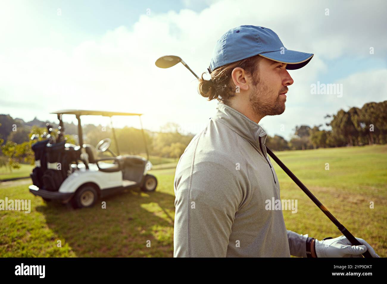 Golf, thinking and man on course with cart, gear and driver with green ...