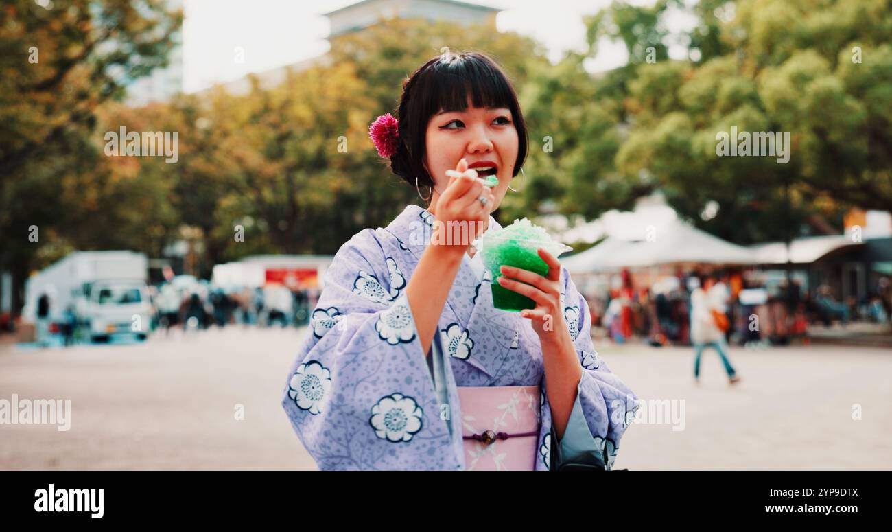 Slushie, holiday and Japanese woman in city with traditional kimono for ...