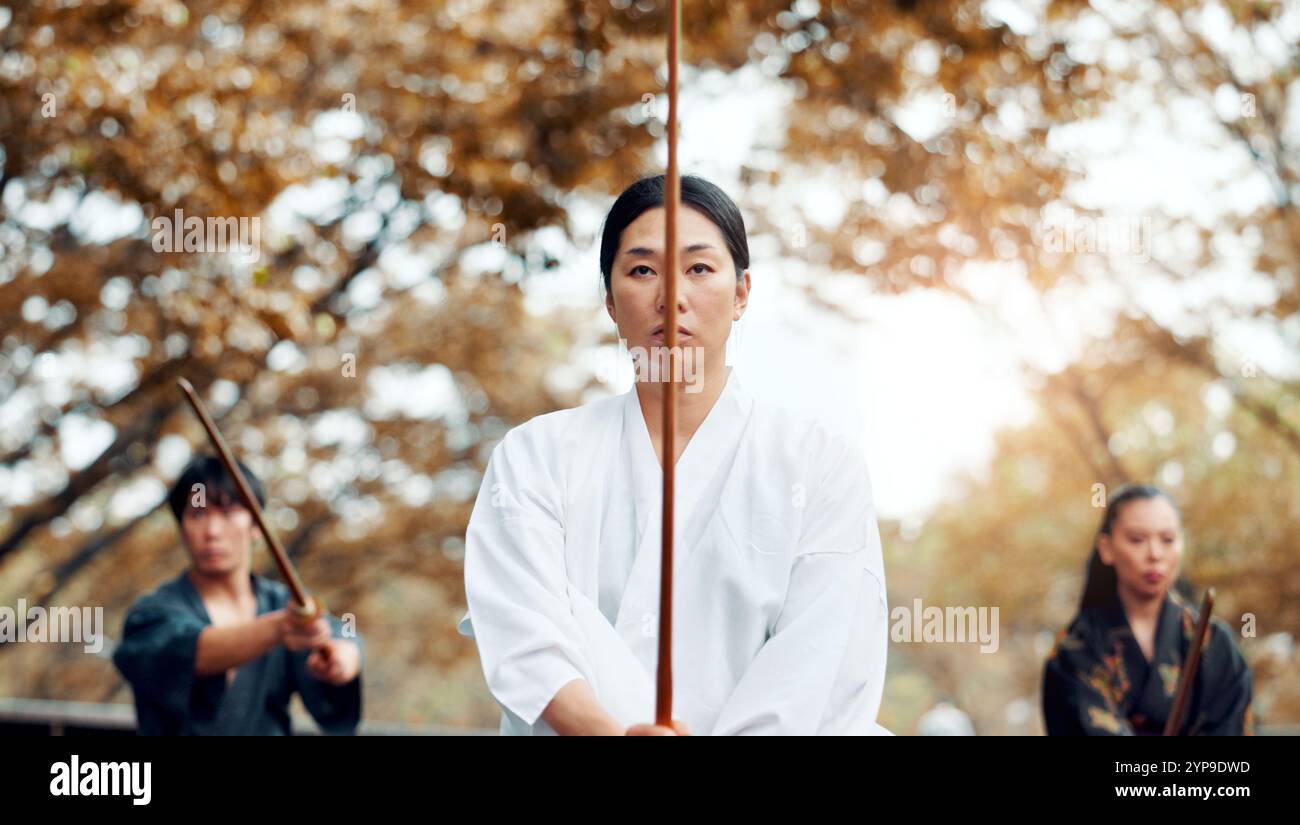 Sensei, bamboo sword and Asian people for martial arts, Kendo practice ...