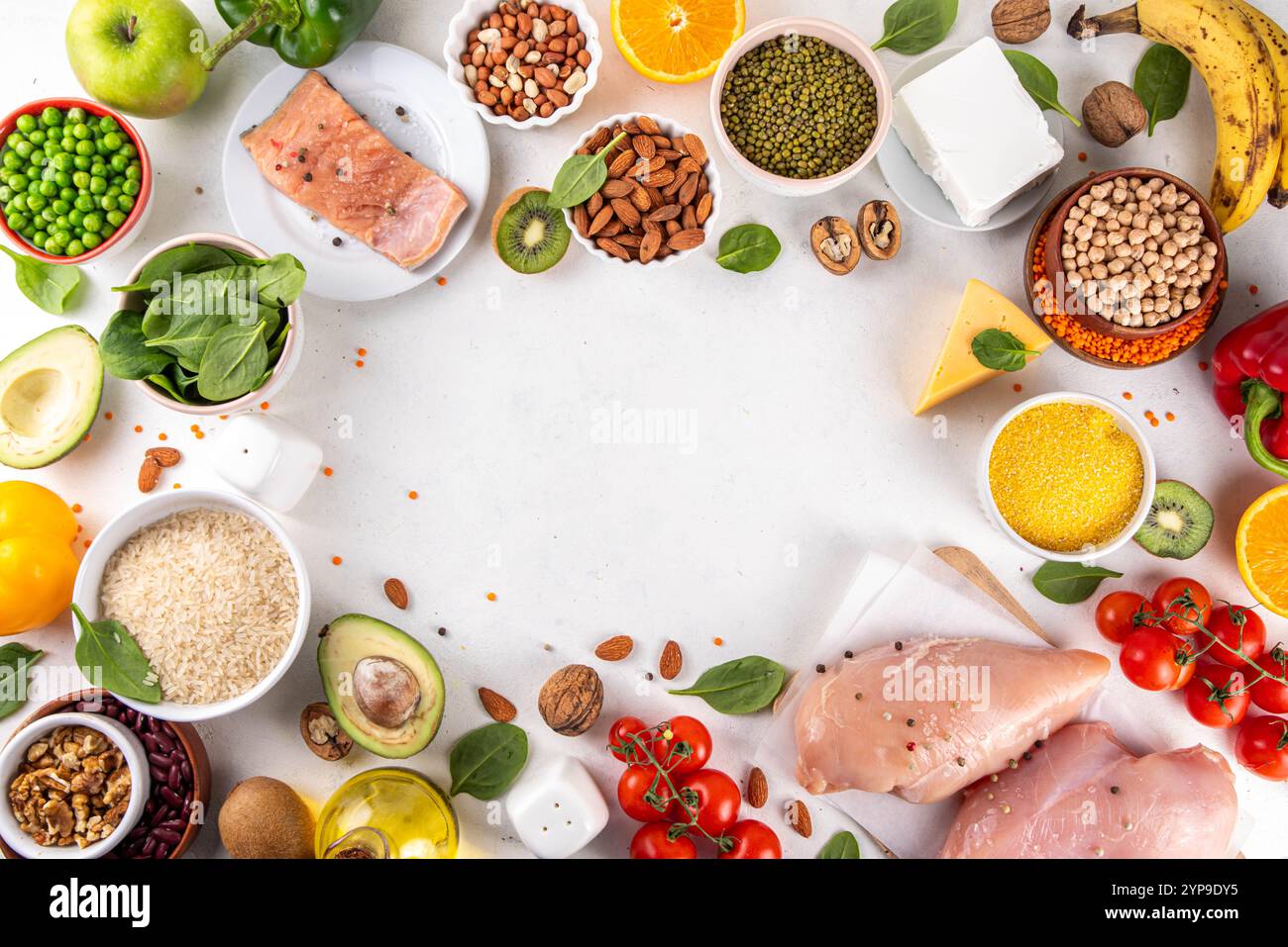 Clean Eating Diet foods background, fruits, vegetables, lean proteins ...