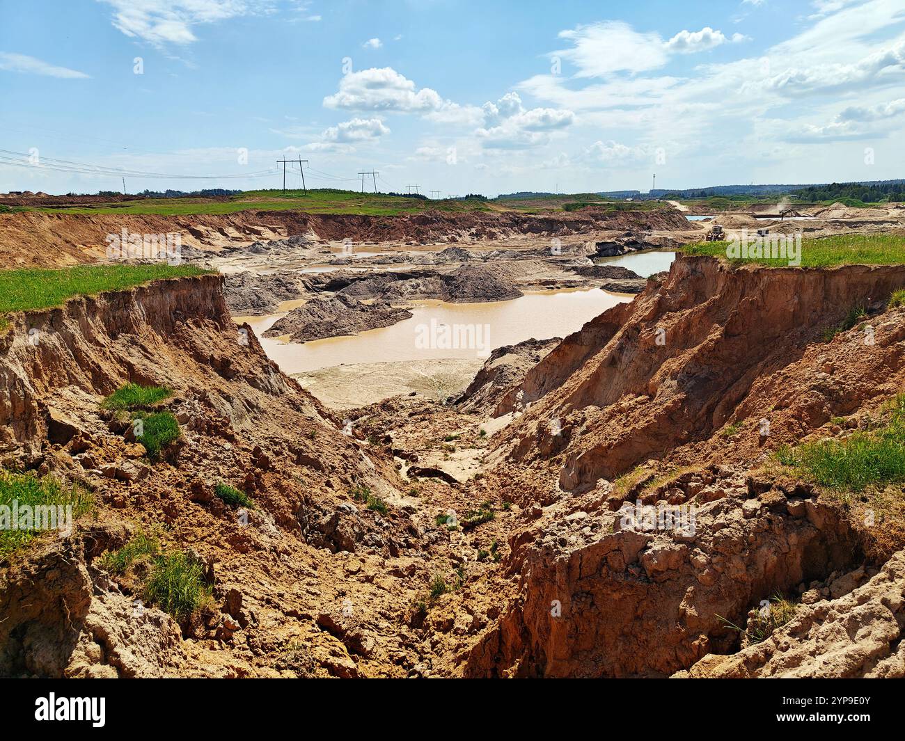 Deep erosion reveals sandy terrain with water pools under a clear blue ...