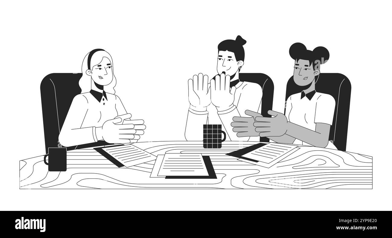 Diverse team members clapping hands at desk black and white 2D line characters Stock Vector ...