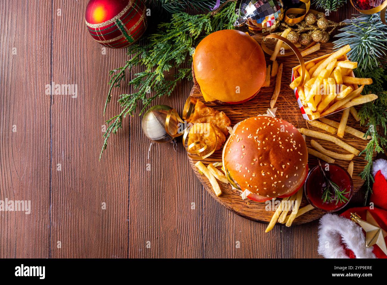 Christmas burger and french fries delivery menu. Big cheeseburger with ...