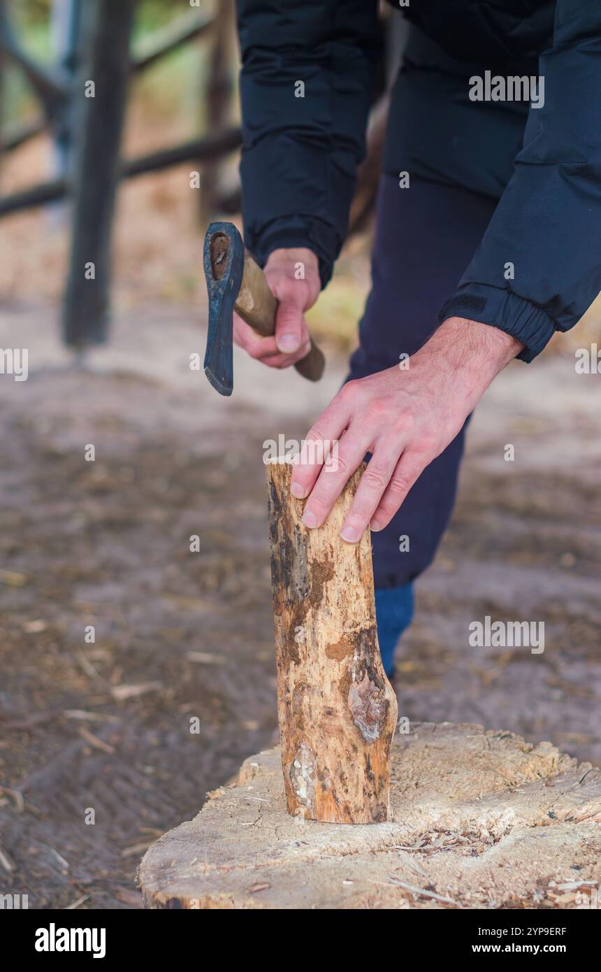 Man`s hand chopping firewood tree hi-res stock photography and images ...