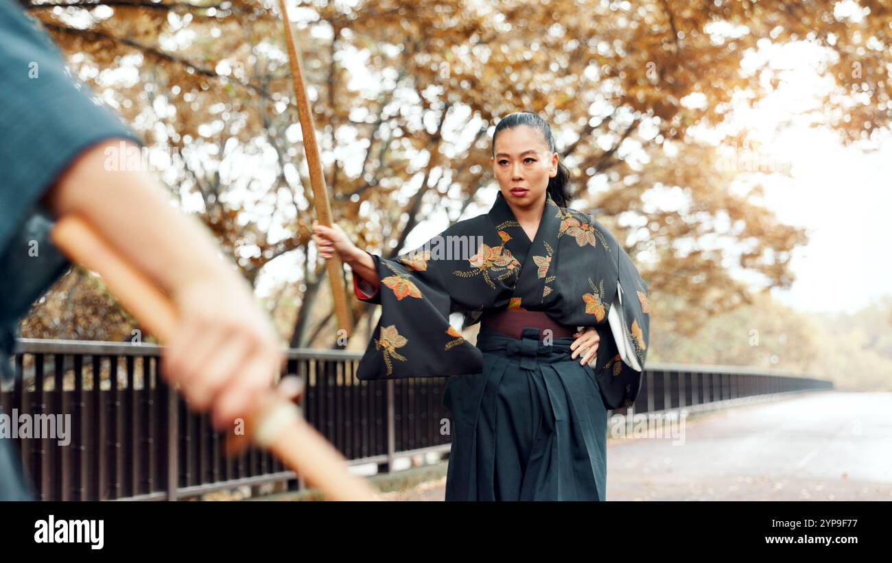 City, Kendo sword and Asian woman with trainer for martial arts ...