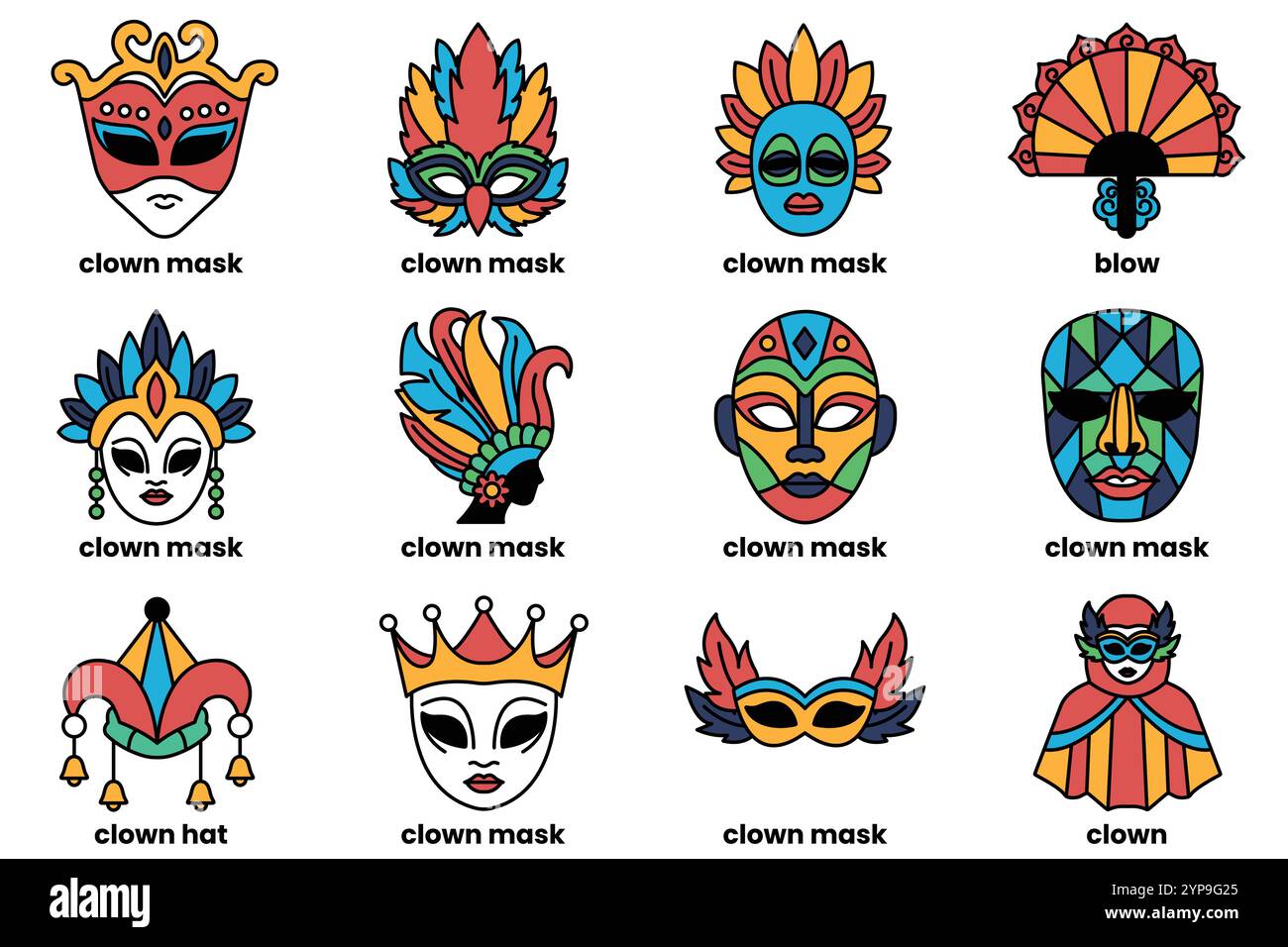 Set of illustrations in the concept of party masks in a line style ...