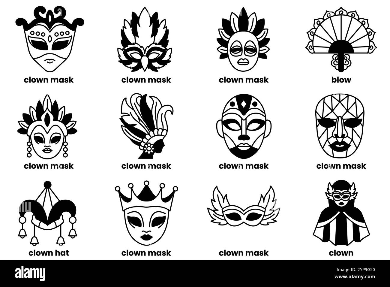 Set of illustrations in the concept of party masks in a line style ...