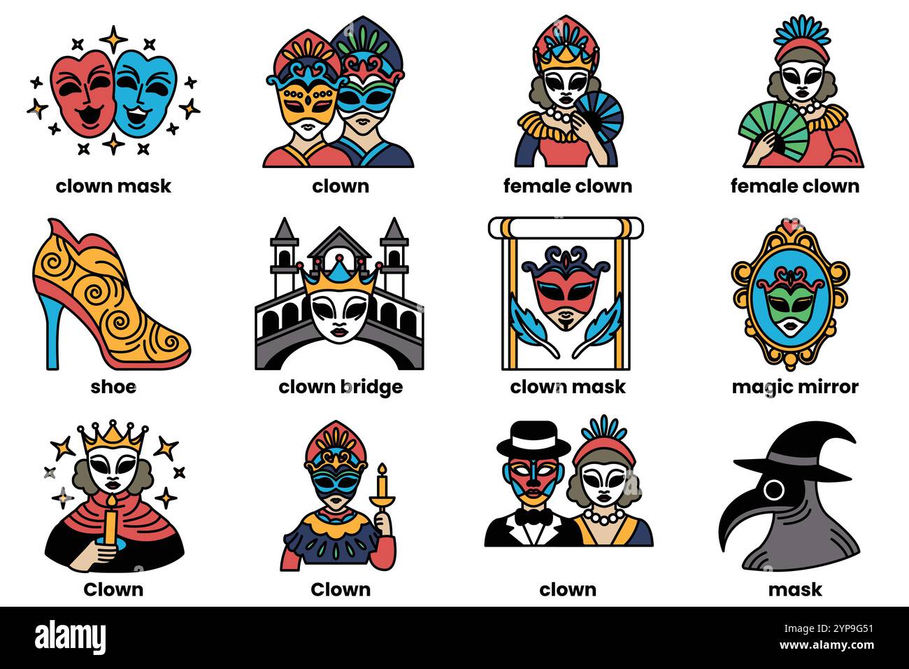 Set of illustrations in the concept of party masks in a line style ...