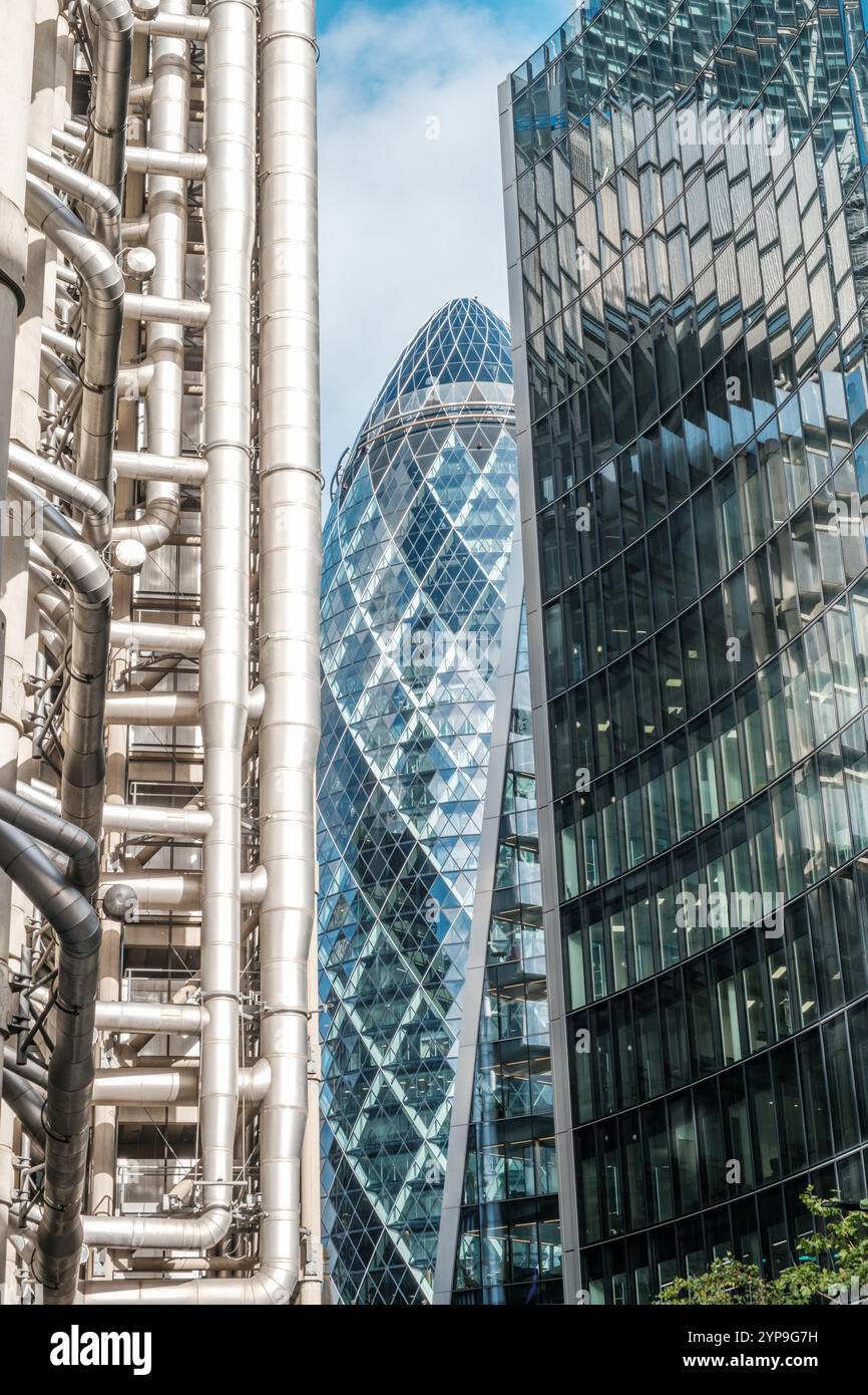 Close-up of Lloyds Building, the Gherkin and the Willis Building ...