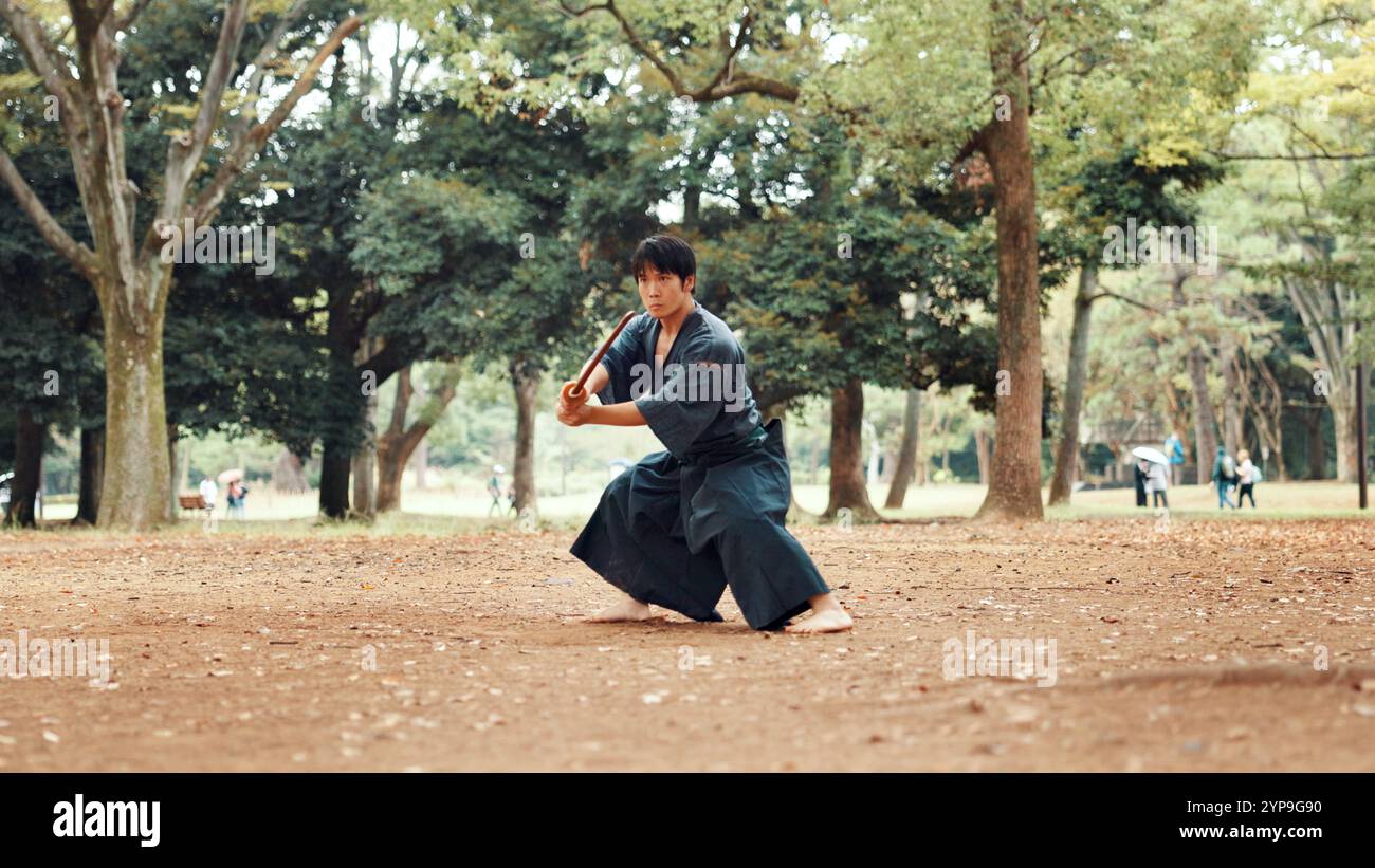 Man, fitness and sword in nature for martial arts, demonstration and ...