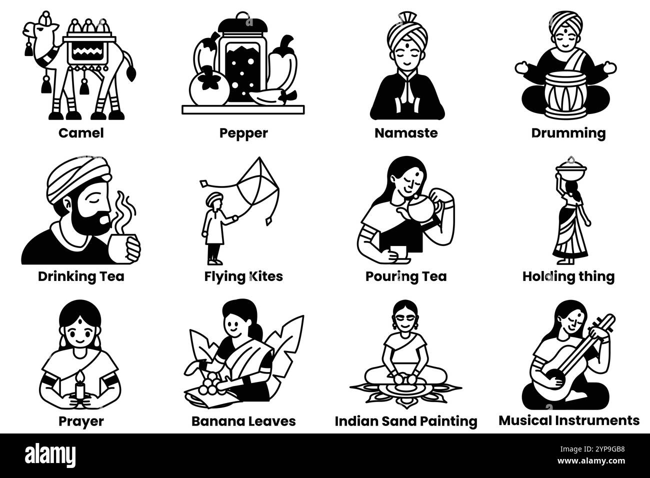 Set of illustrations in the concept of Indian culture in a line style ...