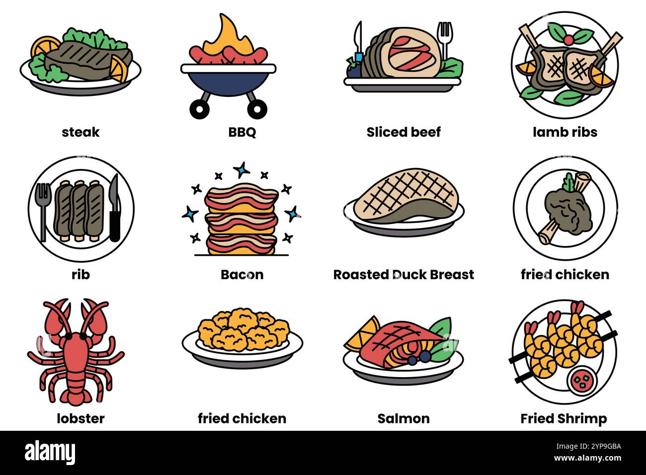 Set of illustrations in the concept of Food and BBQ in a line style ...