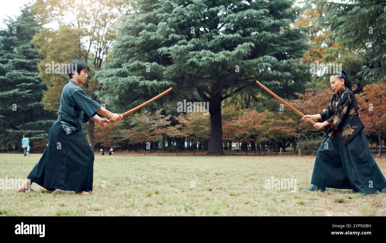 Wooden sword, Japanese people and outdoor as martial arts for training ...