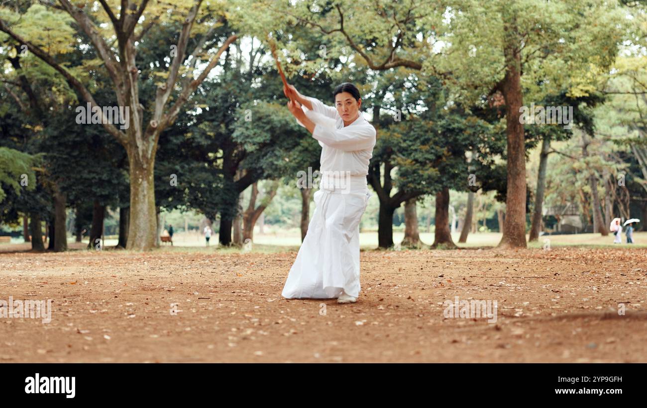 Woman, fitness or sword in nature for martial arts, demonstration or ...