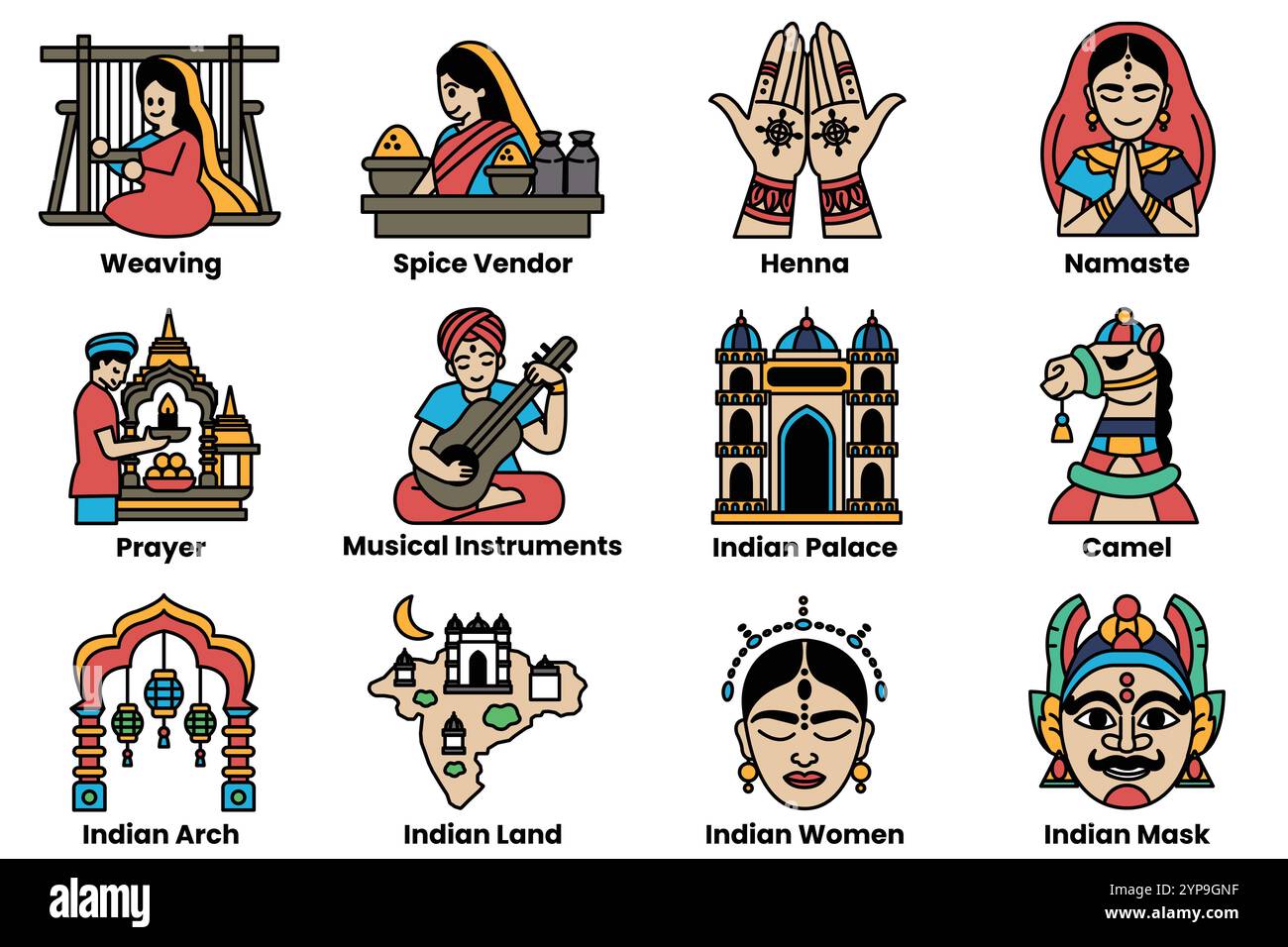 Set of illustrations in the concept of Indian culture in a line style ...