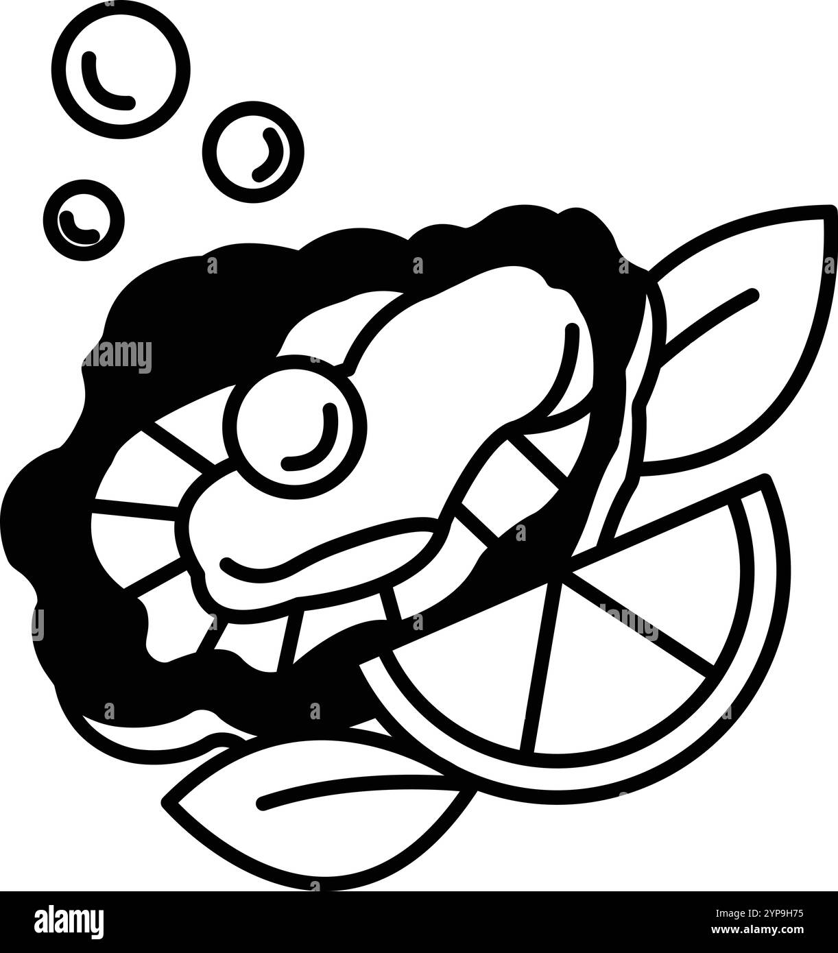 A cartoon drawing of a shell with a pearl inside and a slice of orange ...