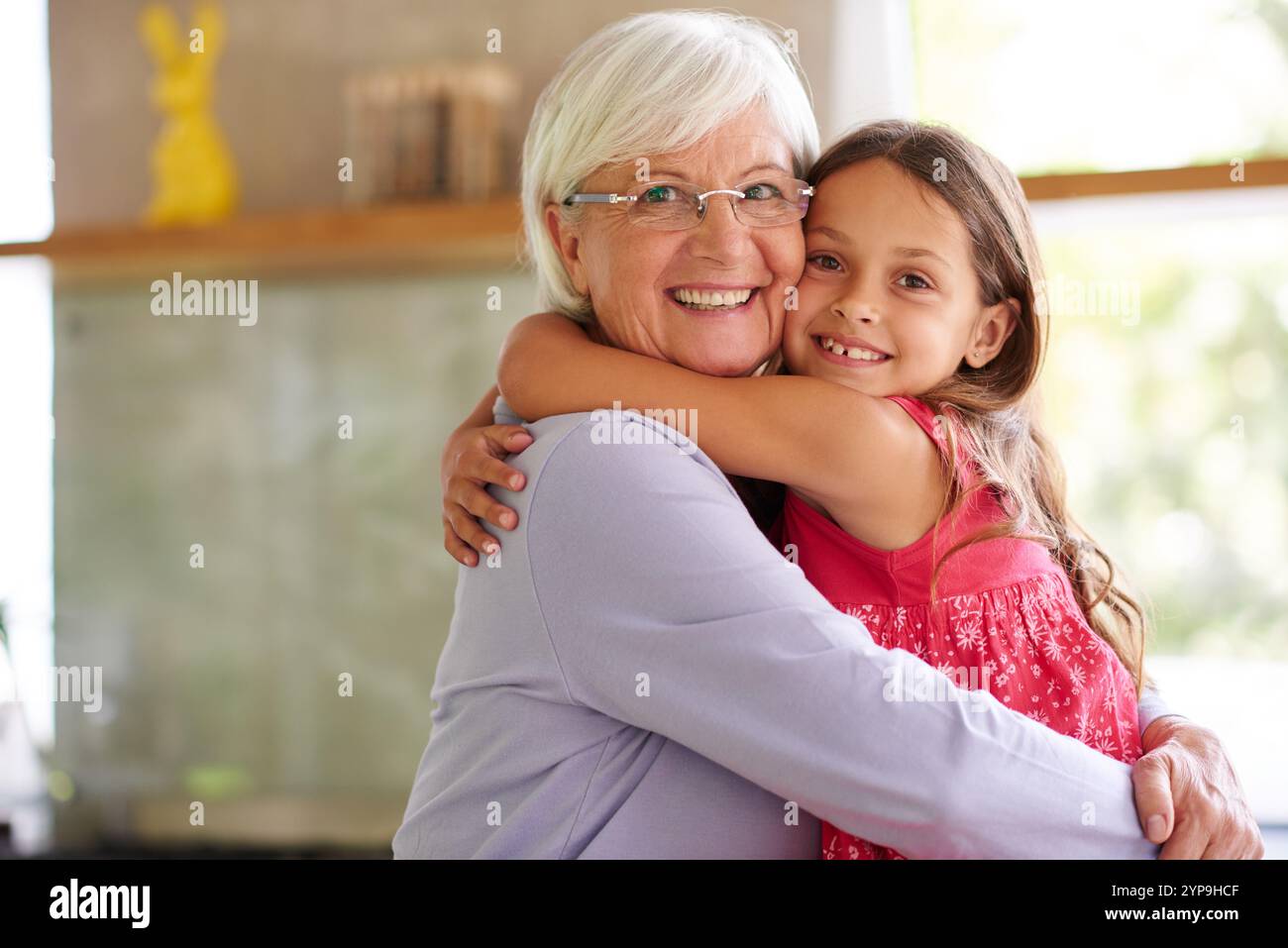 Grandmother, portrait and hug girl in home, support and security in ...