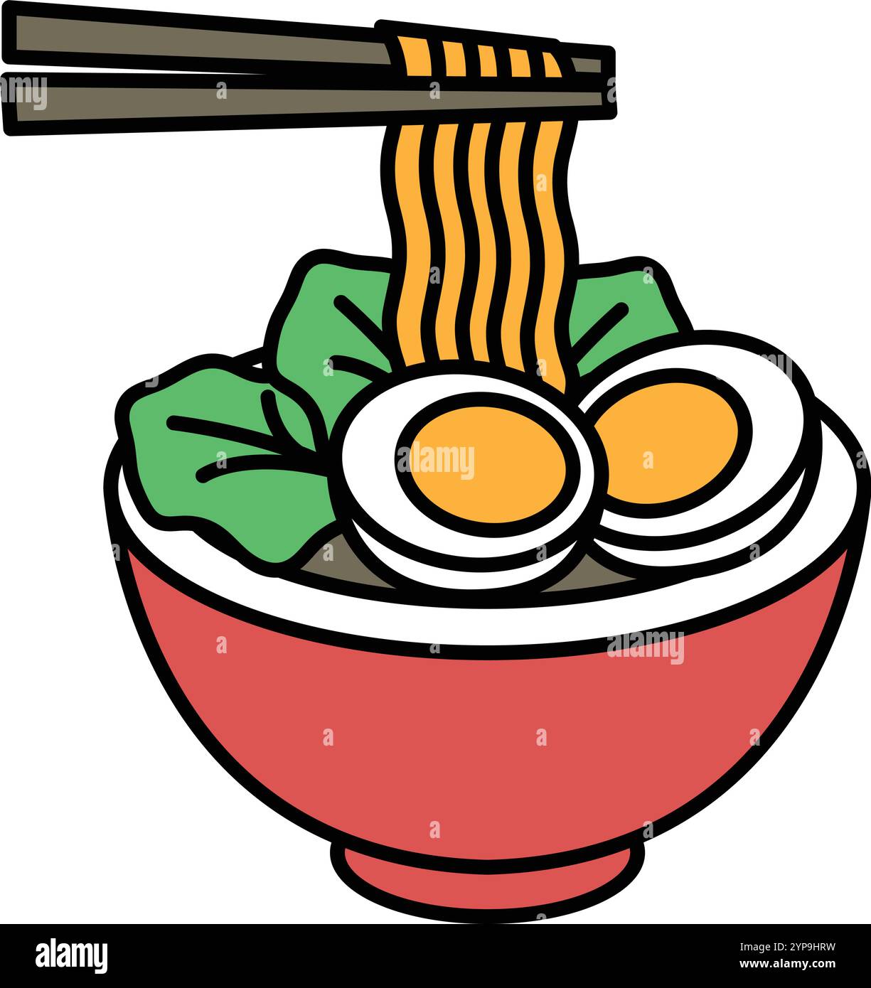 A cartoon drawing of a bowl of ramen noodles with eggs and green ...