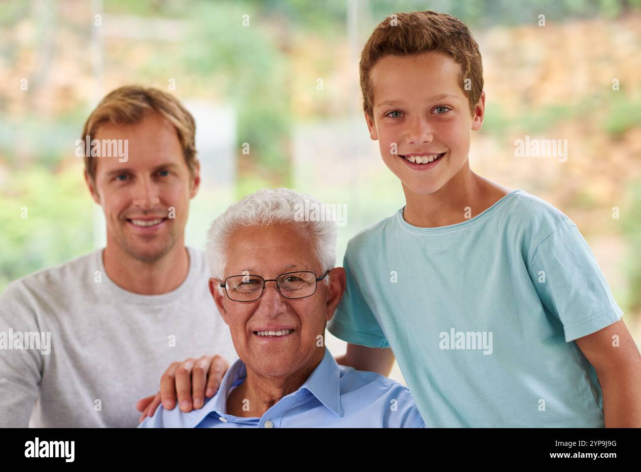 Home, grandpa and father with child in portrait, bonding together and ...