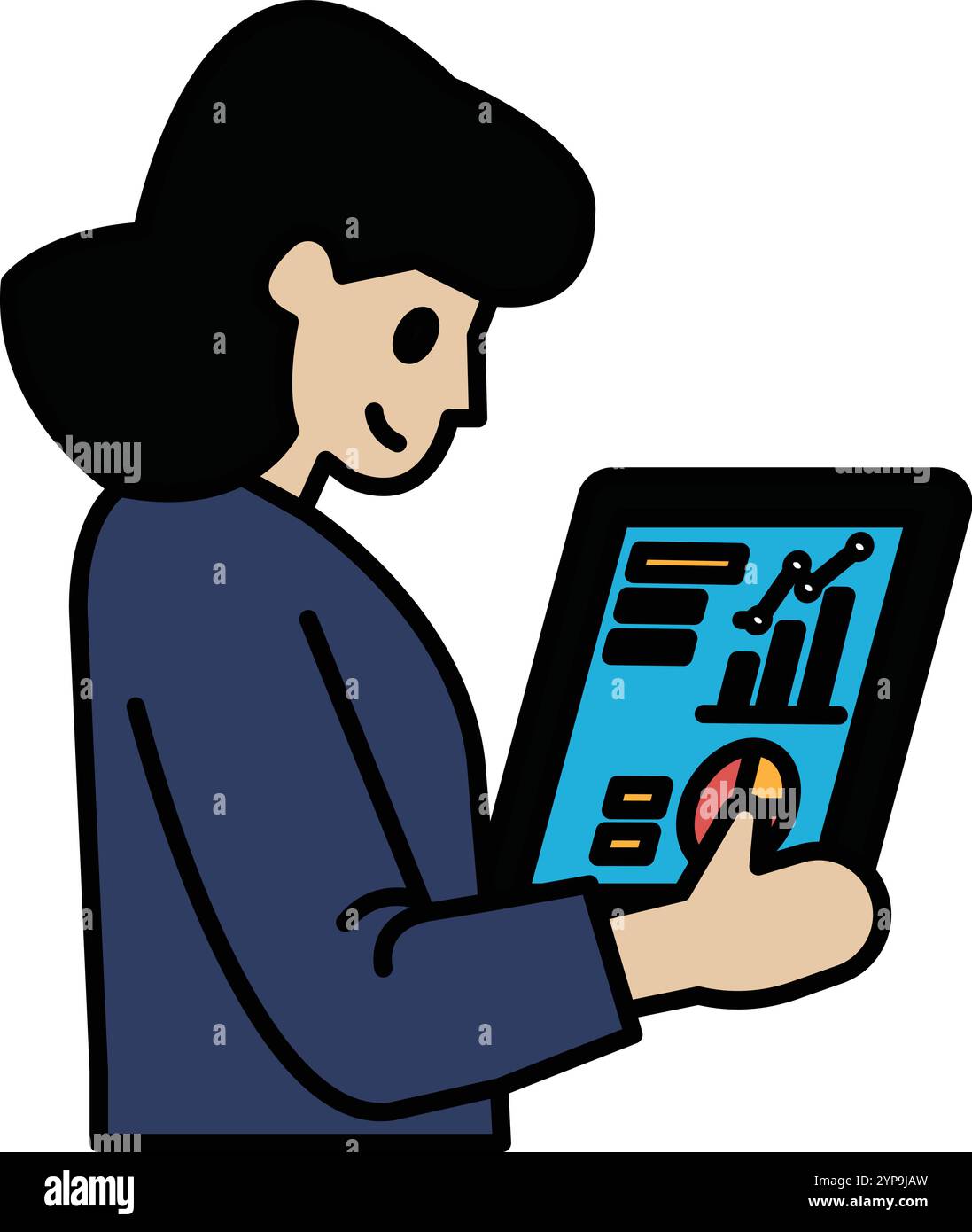 A woman is holding a tablet and smiling. The tablet is displaying a ...