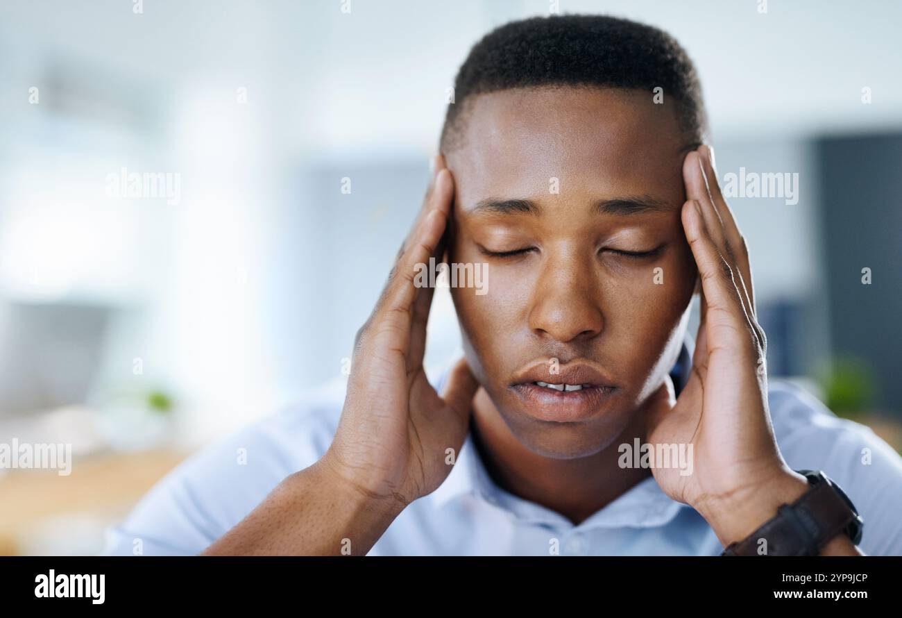 Strain, headache and black man in office, sick and thinking of debt ...