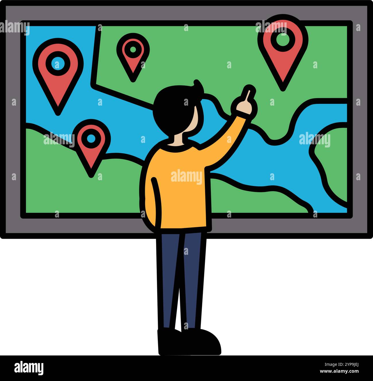 A man pointing at a map on a wall. The map is showing a river and a few ...