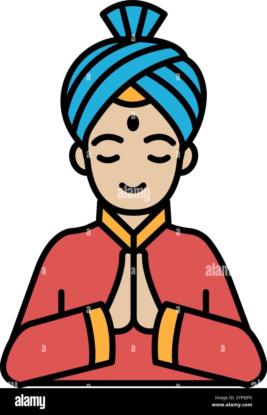 A man in a red and blue outfit is praying. He is smiling and has his ...