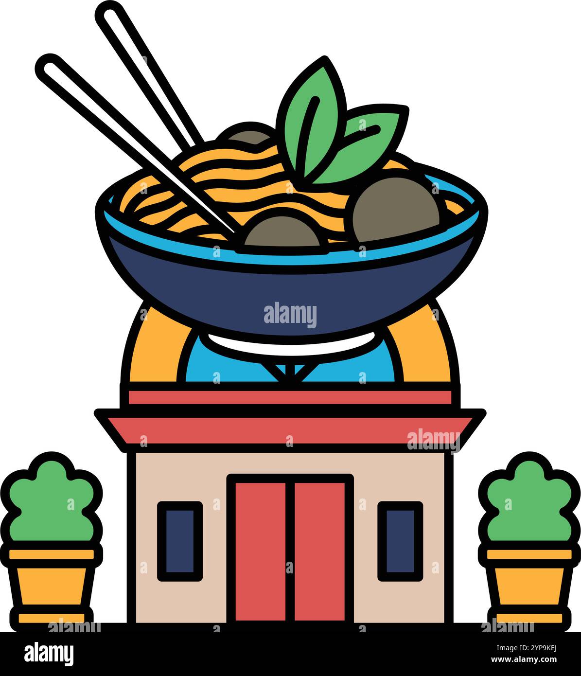 A cartoon drawing of a building with a bowl of noodles on top of it ...