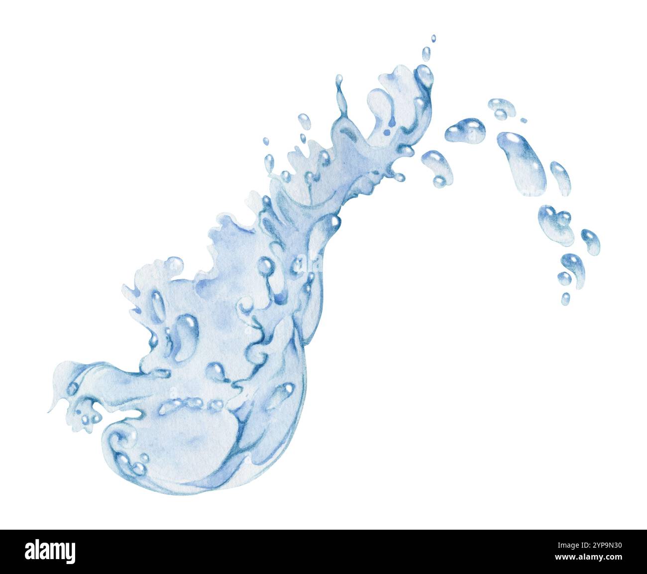 Water flow, splashes bubbles waves with drops, ice cubes hand drawn in ...