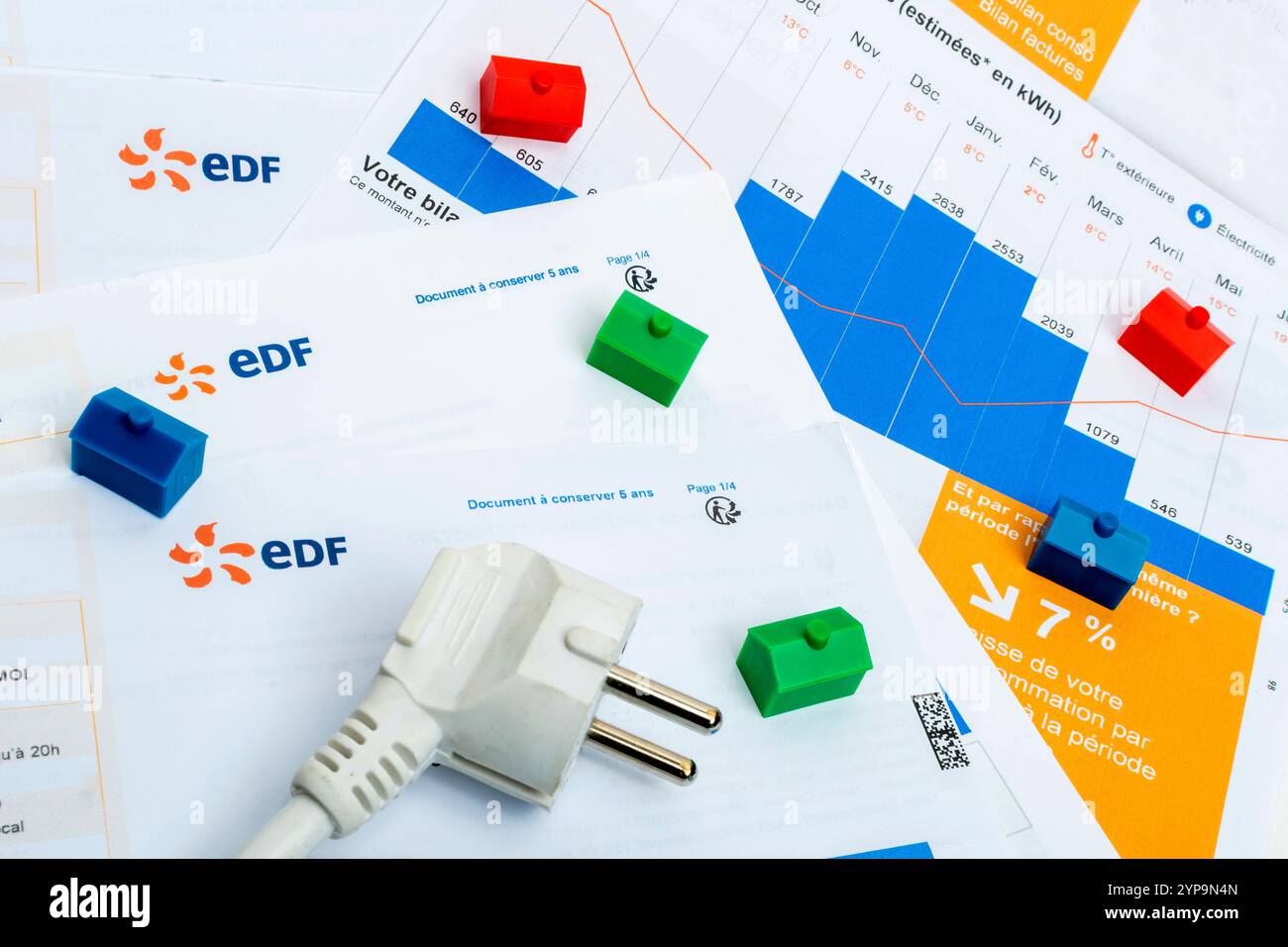 Utility bills and energy usage reports displayed with colored houses in ...