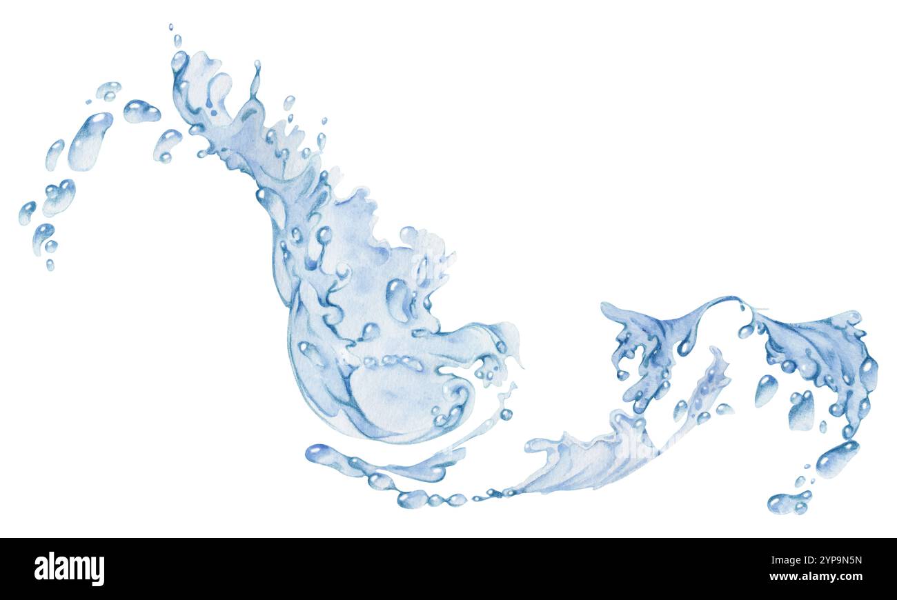 Water flow, splashes bubbles waves with drops, ice cubes hand drawn in ...