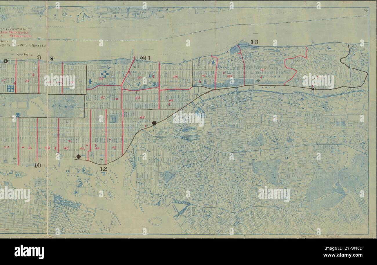 Map of Manhattan showing the district and section boundaries of the ...