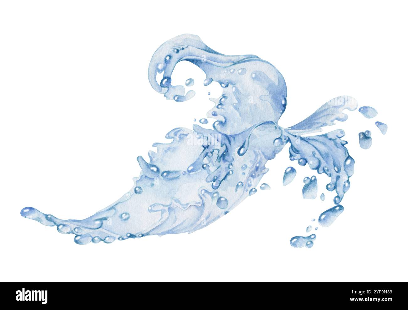 Water flow, splashes bubbles waves with drops, ice cubes hand drawn in ...