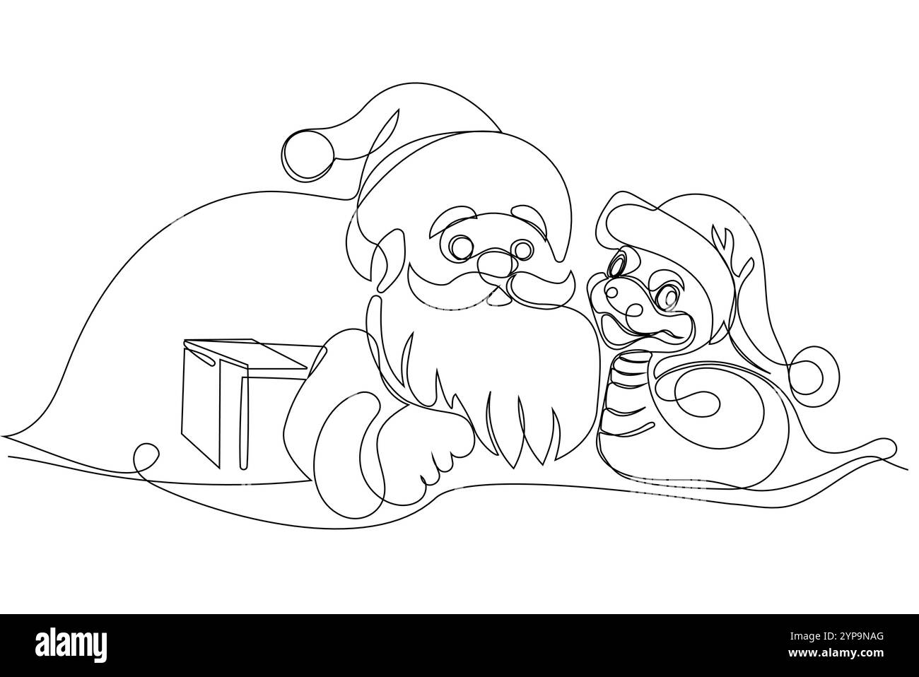 Cute cartoon Santa Claus and green snake stand next to the winter trees ...