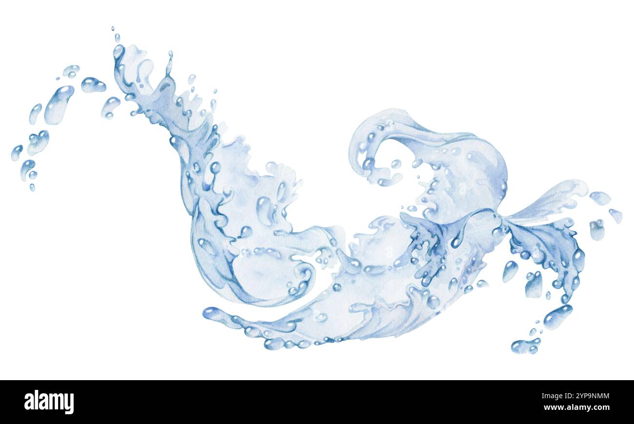 Water flow, splashes bubbles waves with drops, ice cubes hand drawn in ...
