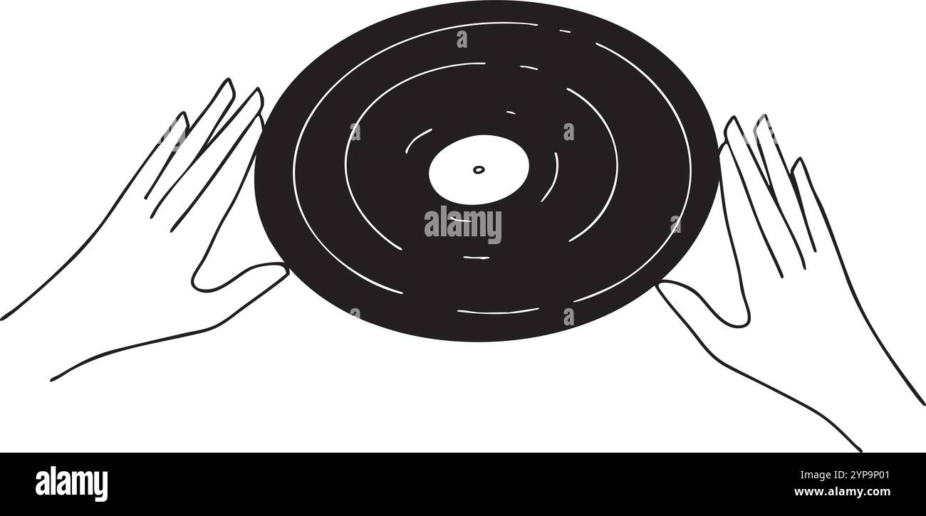 Minimalist vector line art showing hands gently holding a vinyl record ...